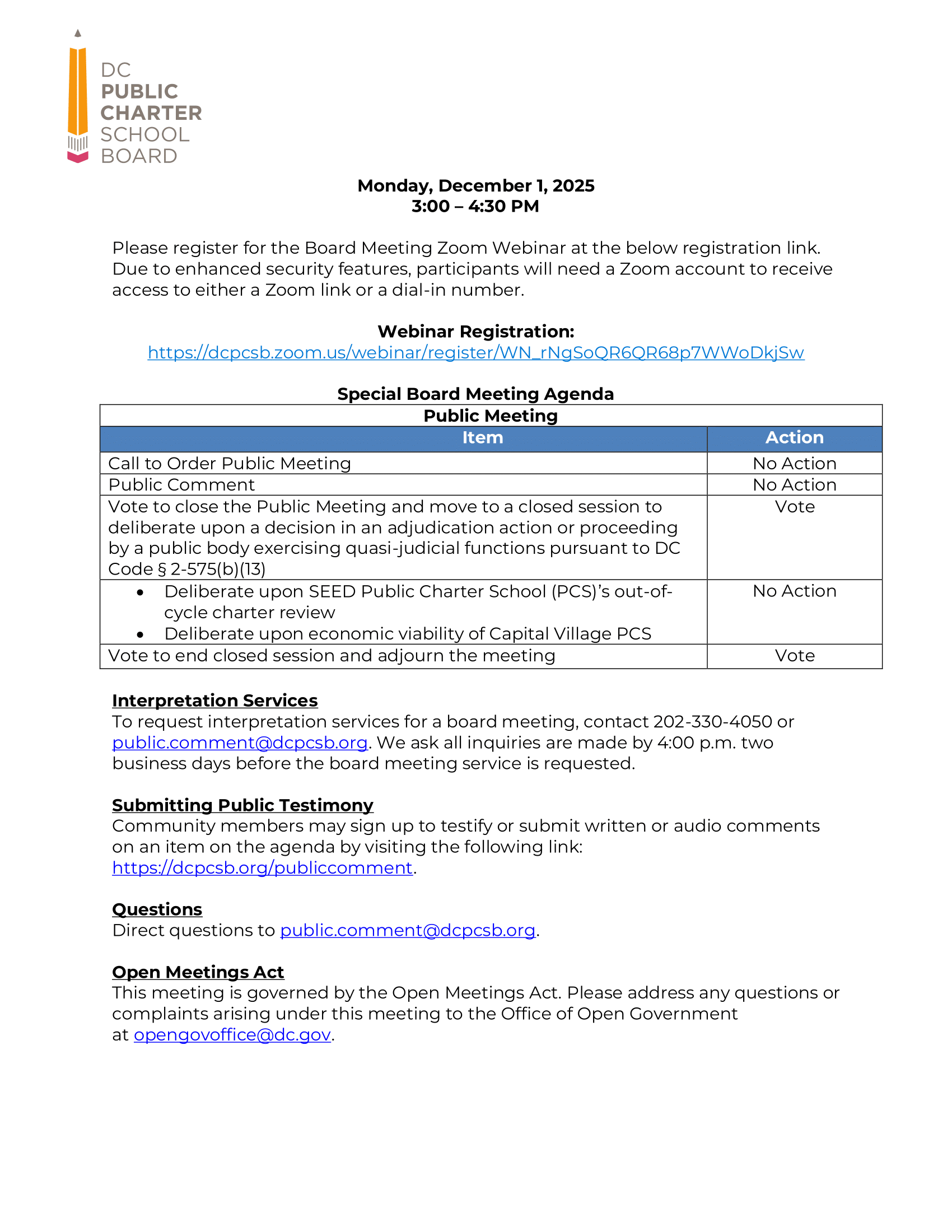 Special Board Meeting December 2025 Dc Pcsb